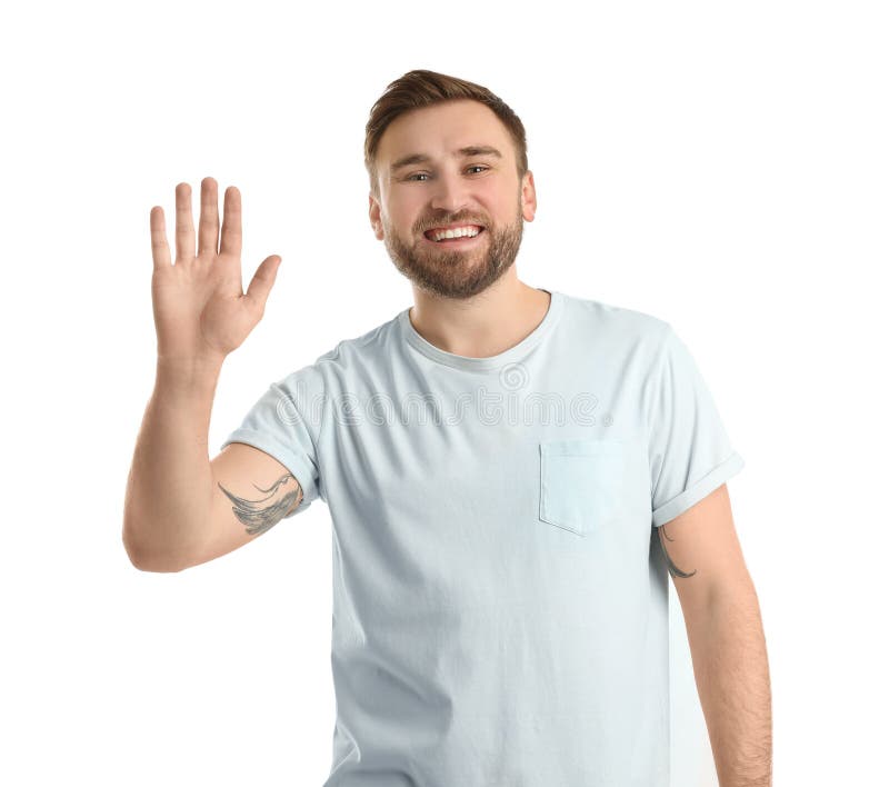 Happy Young Man Waving To Say Hello on White Background Stock Photo ...