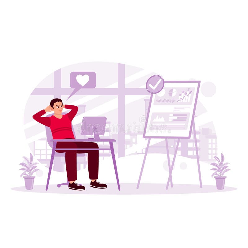 Happy Young Man Working at the Computer Examining Completed Work. Done ...