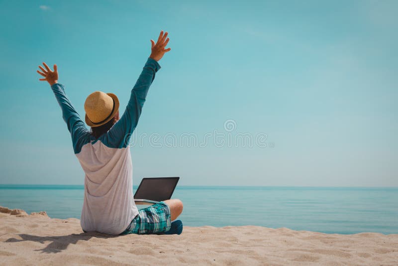 Happy Young Man Working on Laptop at Beach Stock Image - Image of enjoy ...
