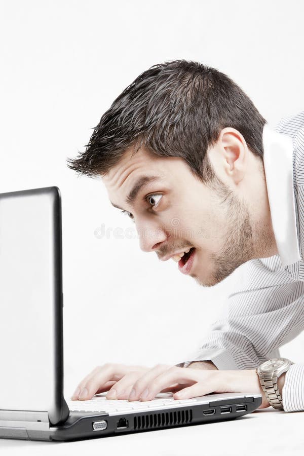 Happy Young Man Working on Laptop Computer Stock Image - Image of work ...