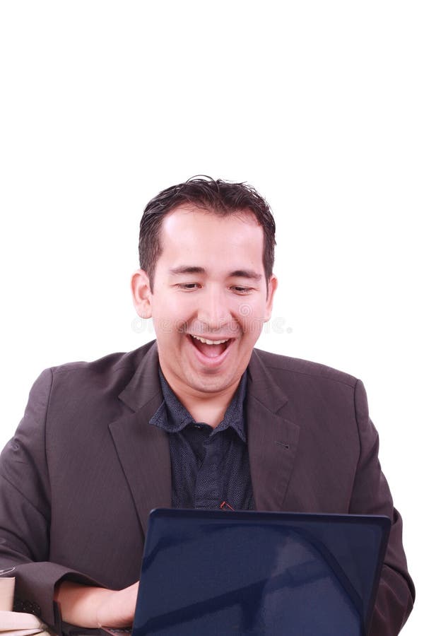 Happy Young Man Working on Laptop Computer, Having Stock Image - Image ...