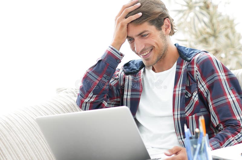 Happy Young Man Working with Laptop from Home. Stock Photo - Image of ... Happy Young Man Working with Laptop from Home. Stock Photo - Image of ...