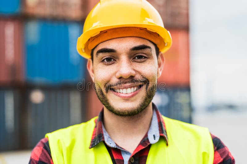 Happy Young Man Working in Logistic Terminal of Container Cargo Stock ...