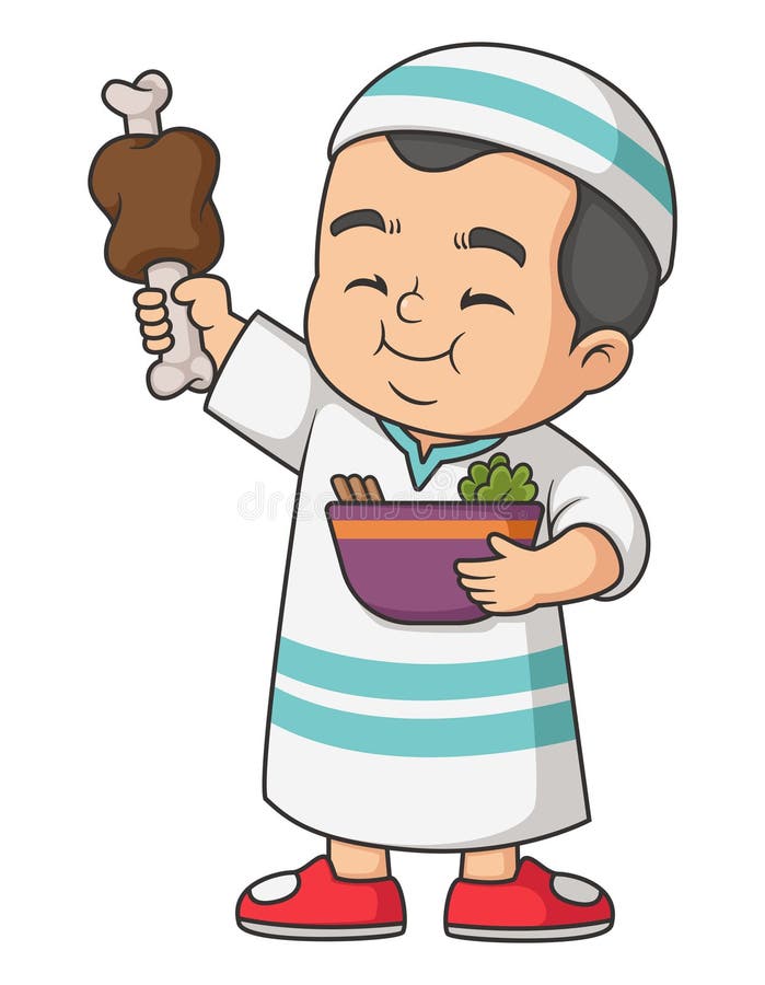 Happy Young Muslim Boy Holding Big Beef Stock Illustration ...