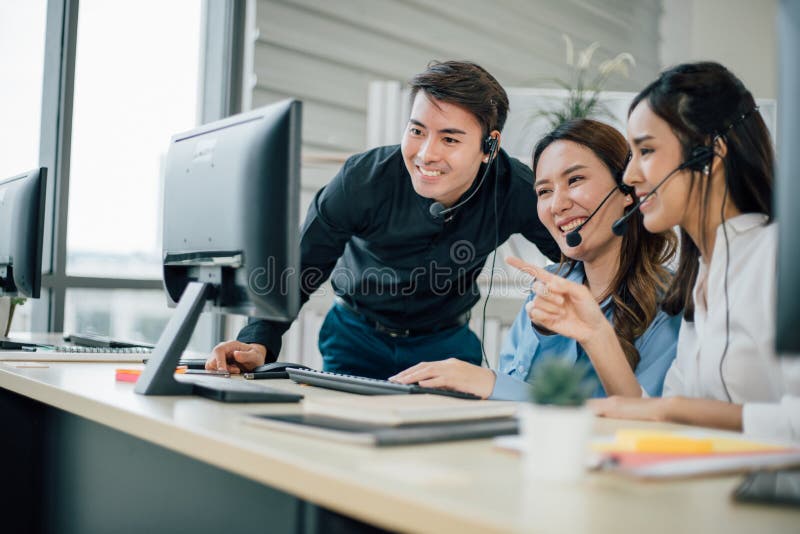 Happy Young Officer Working and Looking Computer in Success Concept ...