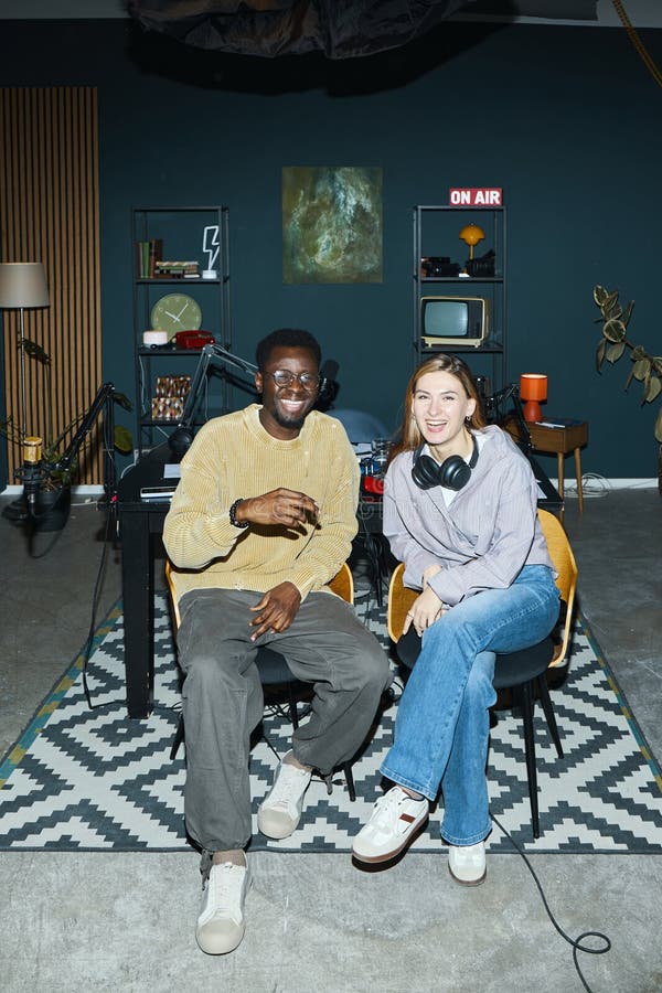 Happy Young People Having Podcast Stock Image - Image of occupation ...