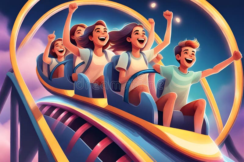 Happy Young People Riding a Roller Coaster Stock Illustration ...