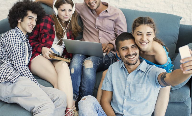 Happy Young People Taking Photo Stock Image - Image of selfie, sofa ...