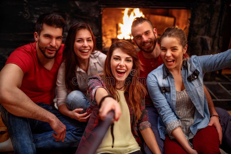 Happy Young People Taking Selfie with Mobile Phone Stock Image - Image ...