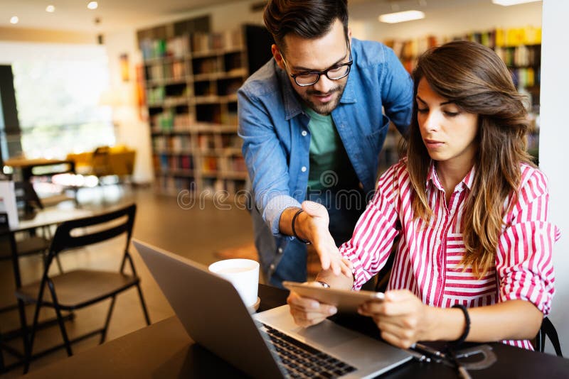 Happy Young People Working Together on Laptop. Teamwork, Study ...