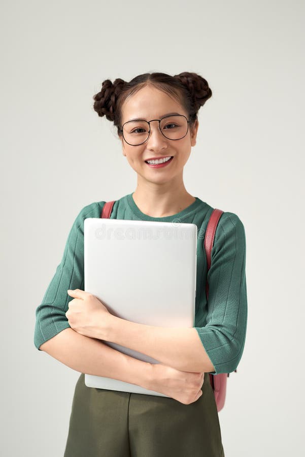 Happy Young Positive Student Walking To School Holding Laptop Computer ...