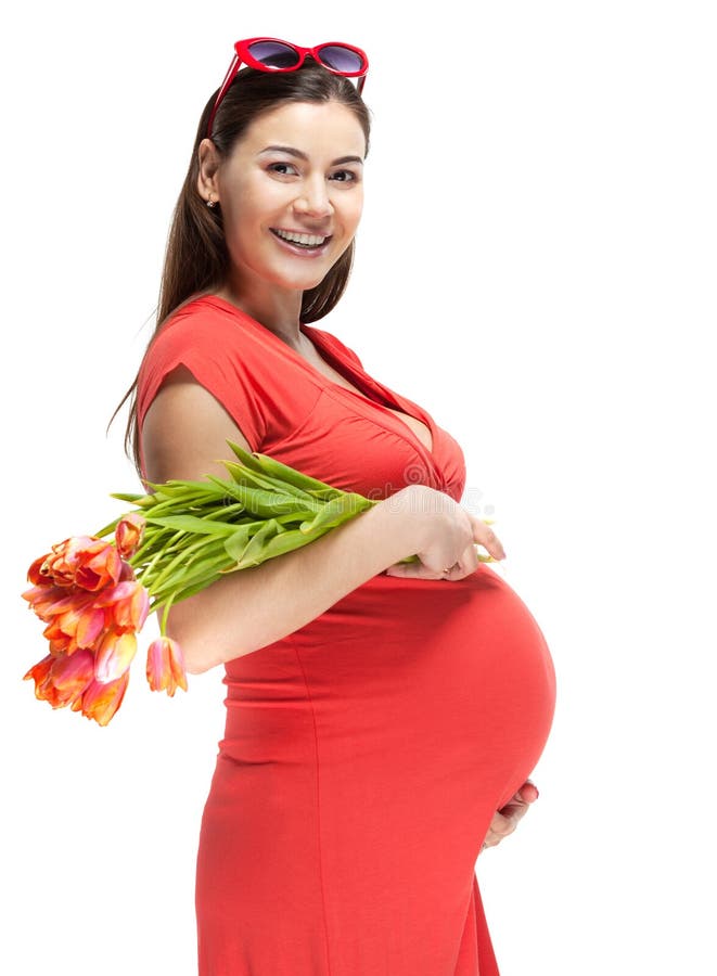 Happy Young Pregnant Woman in Red Stock Image - Image of botanic ...
