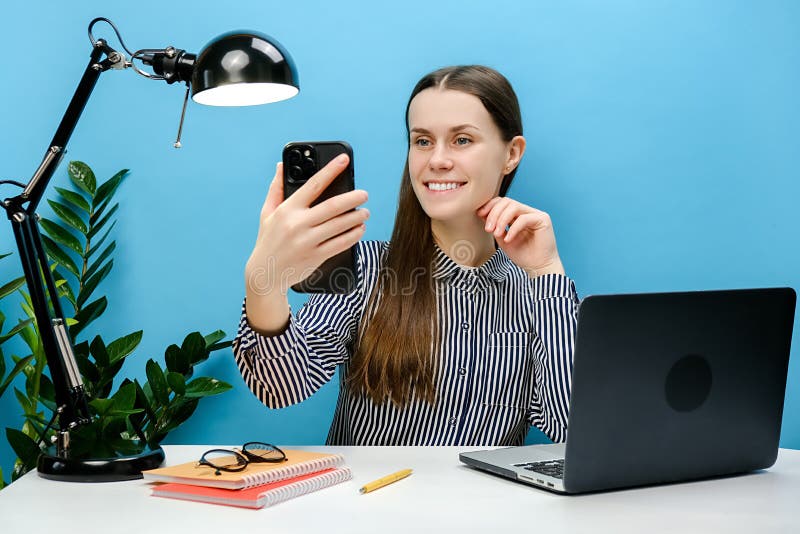 Happy Young Secretary Employee Woman In Casual Shirt Sit Work At Office