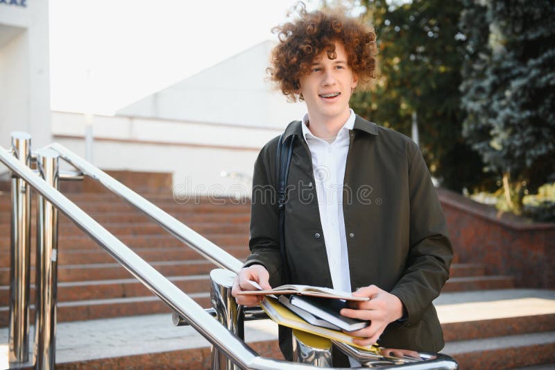 Happy Young Student Boy, on a Sunny Day, Reading a Book and Study and ...