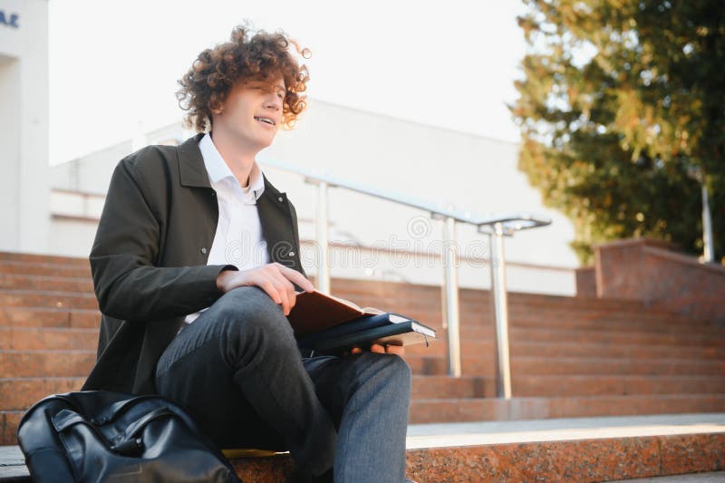 Happy Young Student Boy, on a Sunny Day, Reading a Book and Study and ...