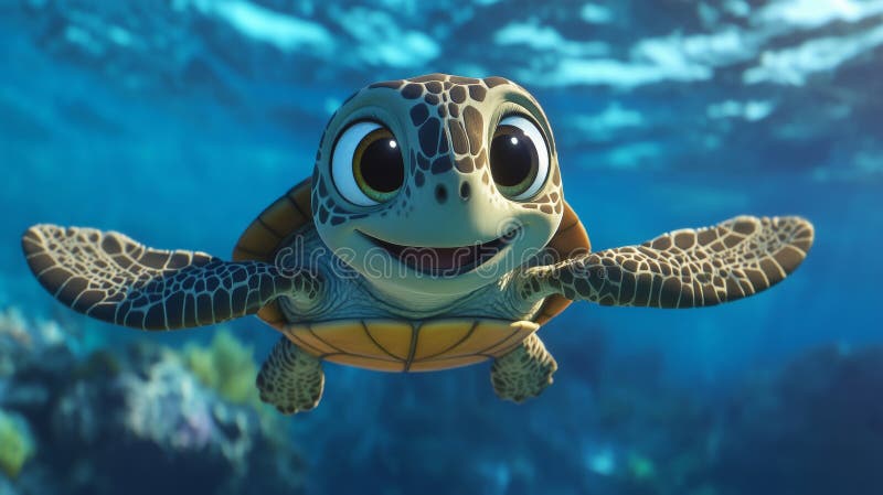 Happy Young Turtle Swimming in Ocean Blue Stock Illustration ...