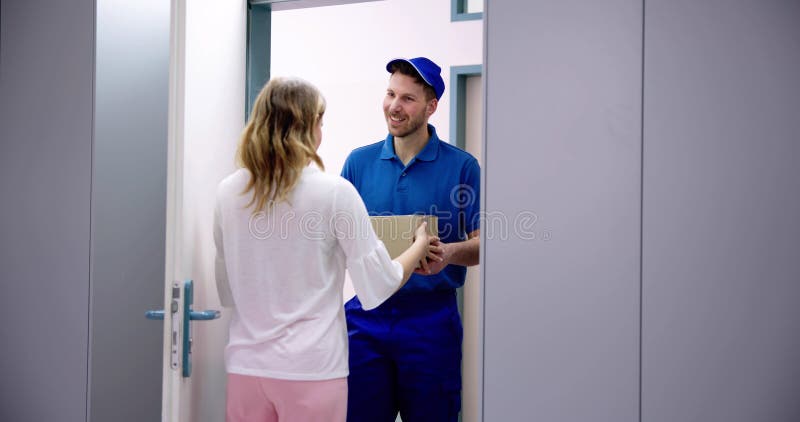 Happy Young Woman Accepting Parcel Box Stock Photo - Image of residence ...