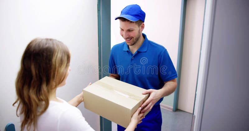 Happy Young Woman Accepting Parcel Box Stock Image - Image of family ...