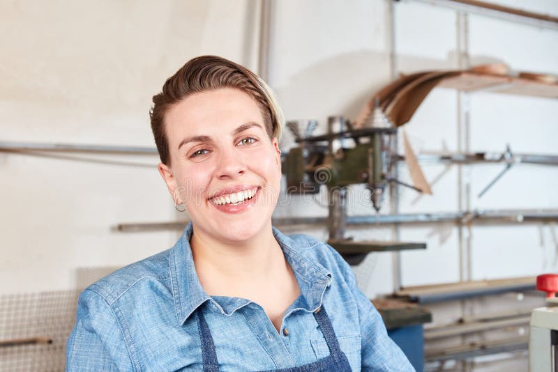 Happy Young Woman As a Carpenter Apprentice Stock Photo - Image of ...