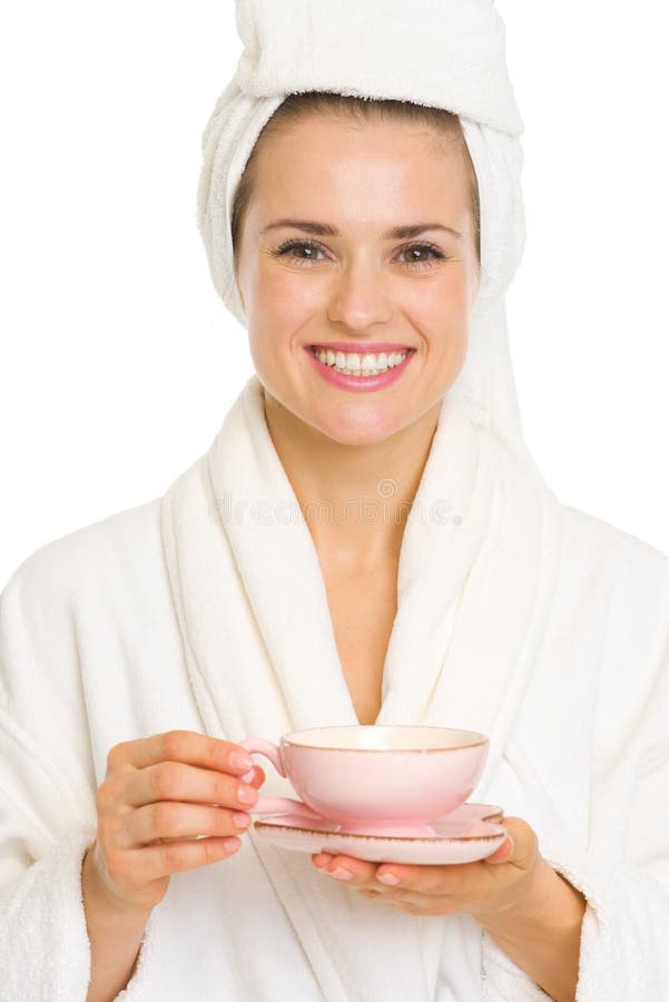 Happy Young Woman in Bathrobe Holding Cup of Tea Stock Image - Image of ...