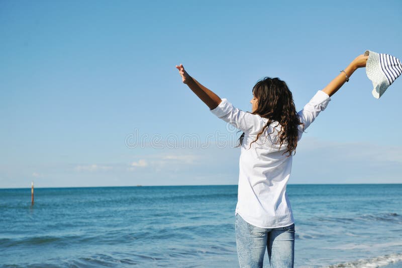 Freedom Woman Happy and Free Open Arms on Beach Stock Image - Image of ...