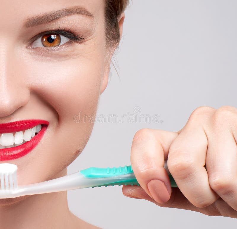 Happy Young Woman Brushing Teeth. Stock Photo - Image of healthcare ...