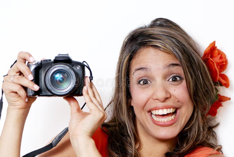 Happy Young Woman with Camera Stock Image - Image of paparazzi, adult ...