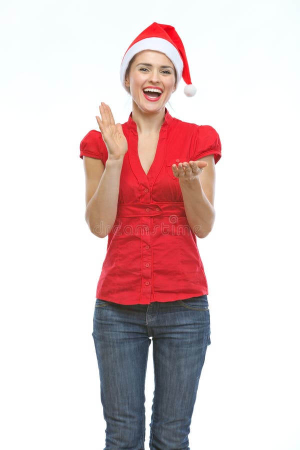 Happy Young Woman in Christmas Hat Clapping Hands Stock Photo - Image ...