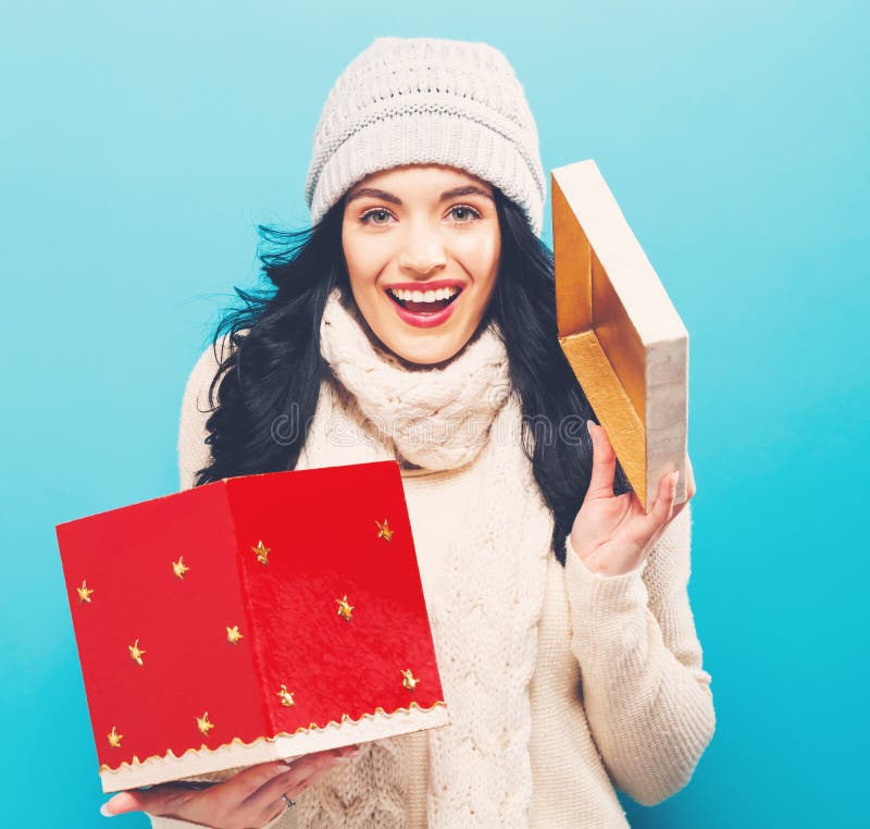 Happy Young Woman with Christmas Present Box Stock Image - Image of ...