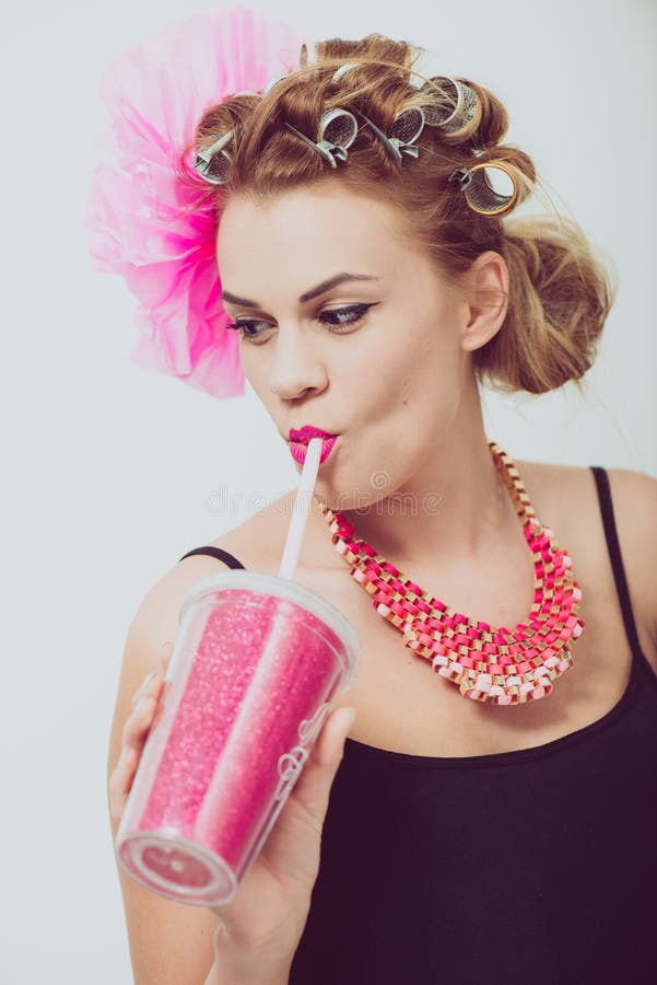 Happy, Young Woman Drinking, Using a Straw. Stock Photo - Image of ...