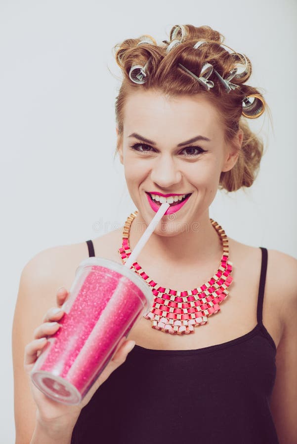 Happy, Young Woman Drinking, Using a Straw. Stock Photo - Image of ...