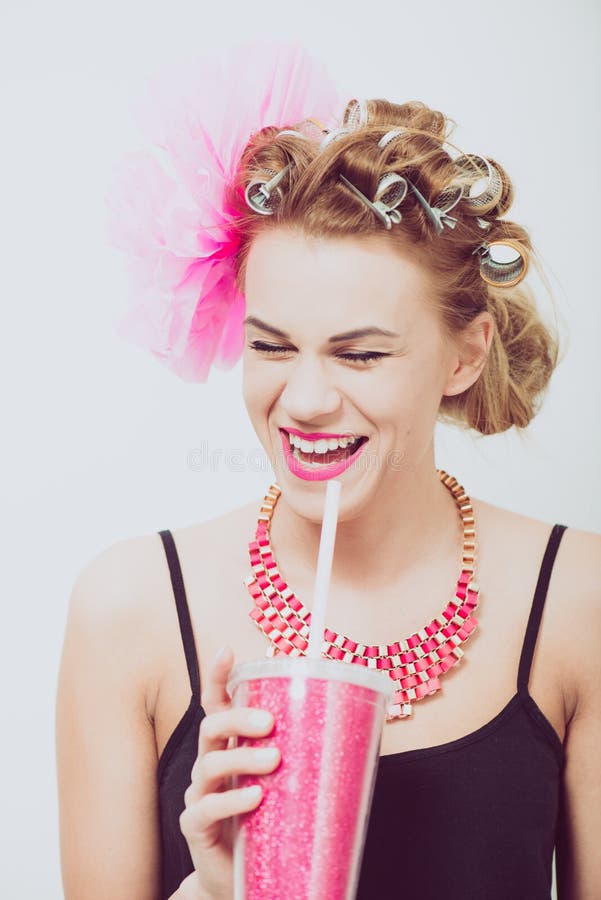 Happy, Young Woman Drinking, Using a Straw. Stock Photo - Image of ...