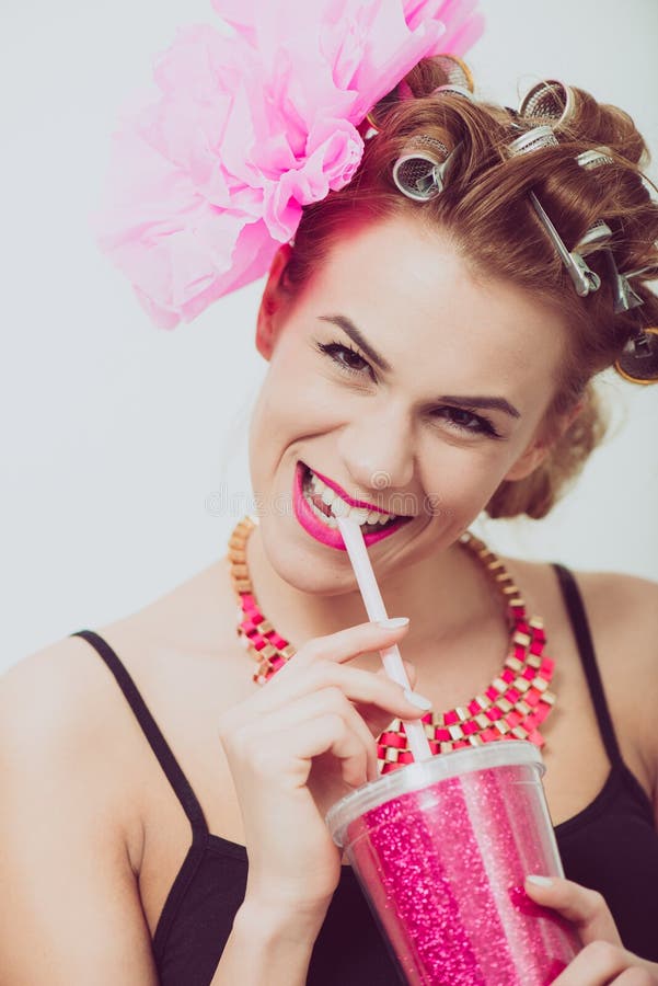 Happy, Young Woman Drinking, Using a Straw. Stock Image - Image of ...
