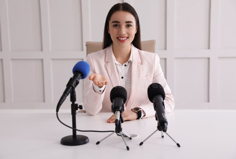 Happy Young Woman Giving Interview at Official Event Stock Photo ...