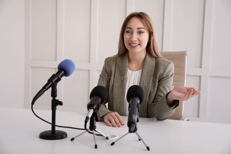 Happy Woman Giving Interview at Official Event Stock Photo - Image of ...