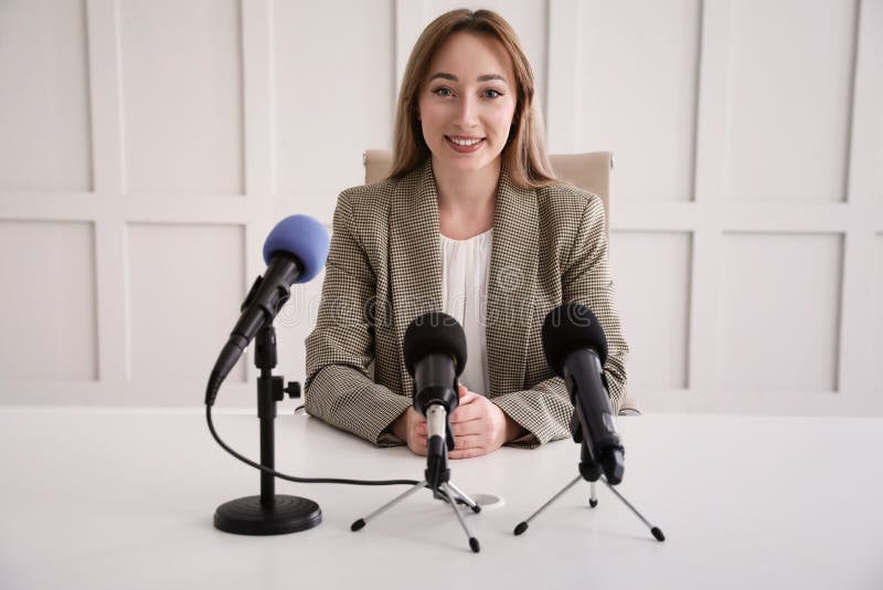 Happy Young Woman Giving Interview at Official Event Stock Image ...