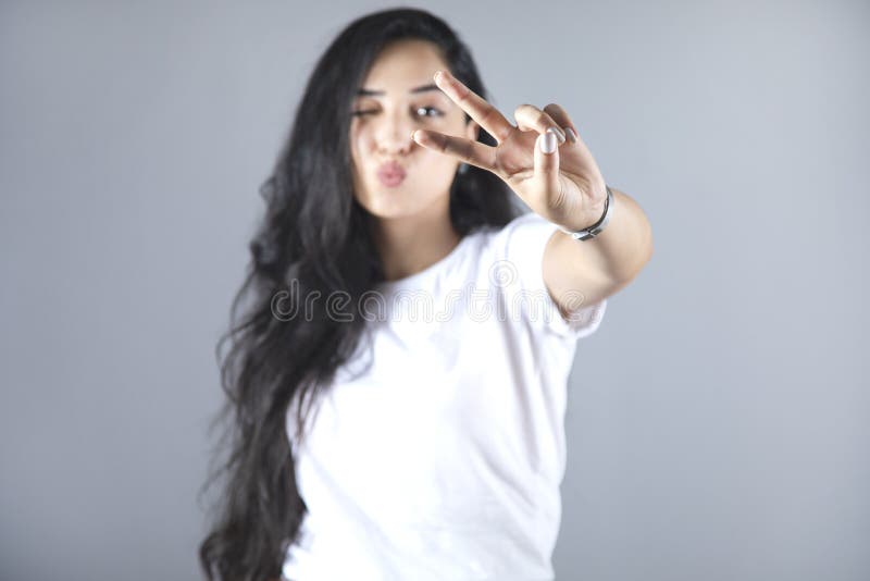 Happy Woman Hand Victory Sign Stock Photo - Image of person, happy ...