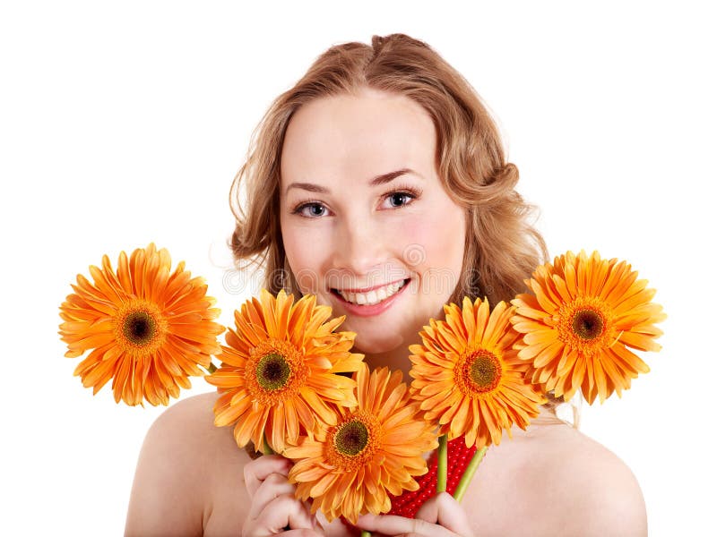 Happy Young Woman Holding Flowers. Stock Image - Image of girl, adult ...