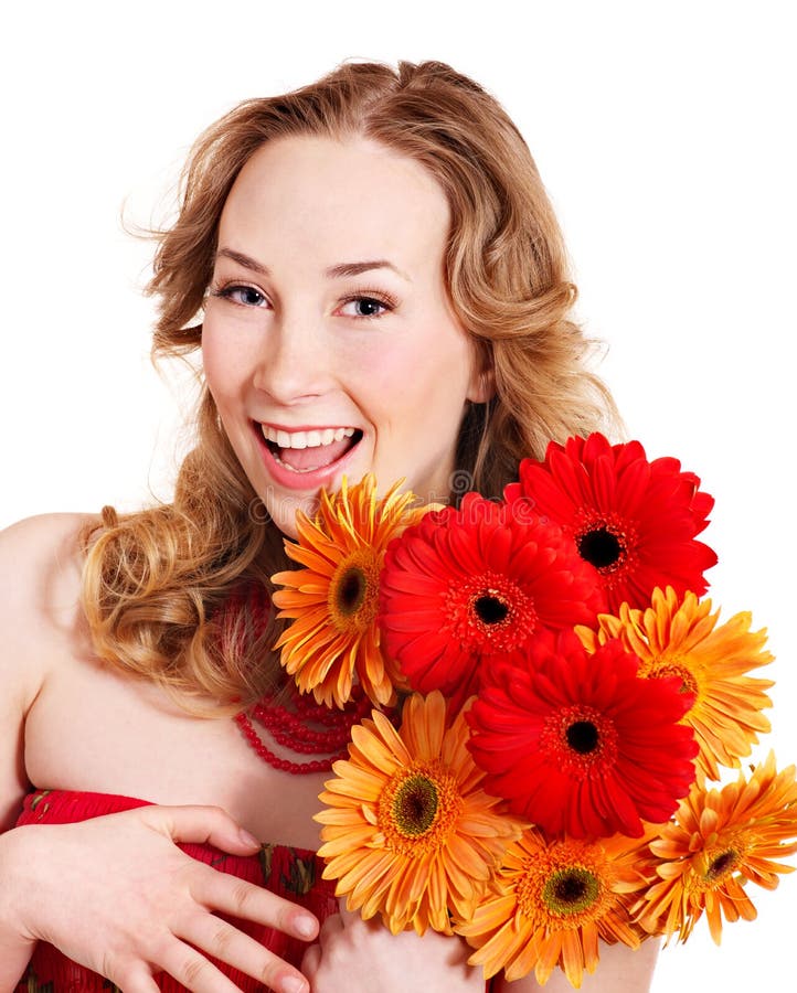 Happy Young Woman Holding Flowers. Stock Image - Image of gerbera ...