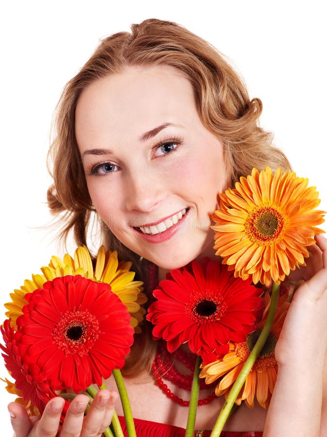 Happy Young Woman Holding Flowers. Stock Image - Image of cosmetics ...