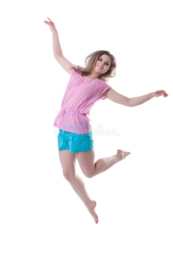 Happy young woman jumping stock image. Image of blue - 25183905