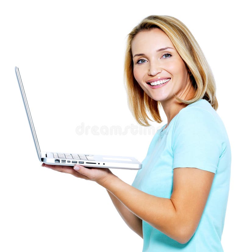 Happy Young Woman with Laptop Stock Photo - Image of beautiful, studio ...