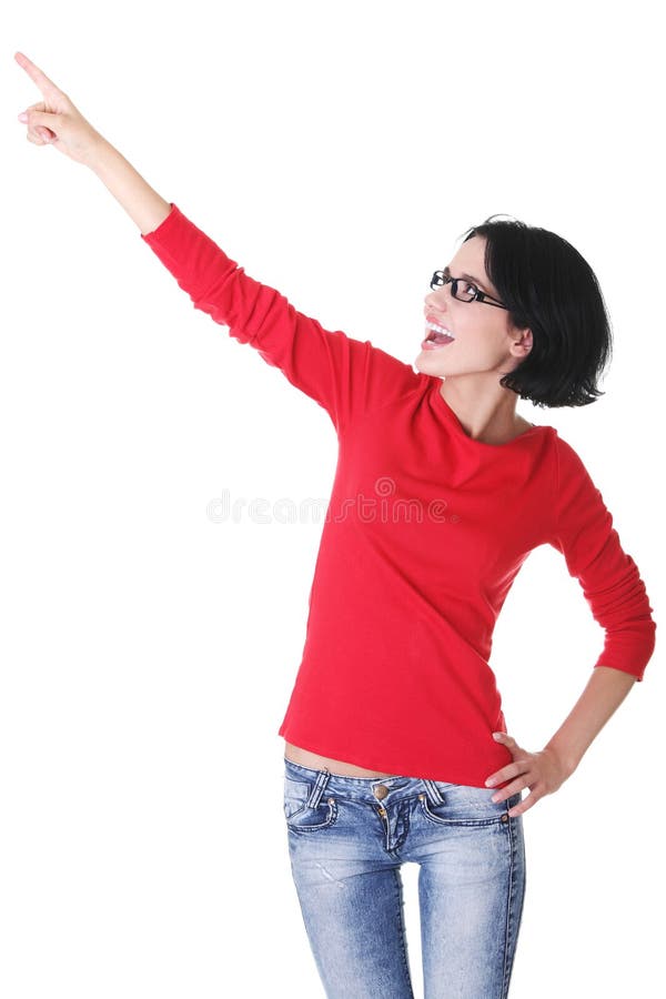 Happy Young Woman Pointing on Copy Space Stock Photo - Image of ...