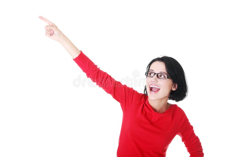 Happy Young Woman Pointing on Copy Space Stock Image - Image of look ...