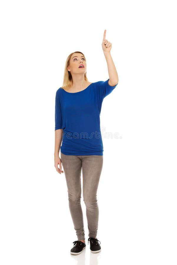 Happy Young Woman Pointing Up Stock Image - Image of girl, happy: 91333579