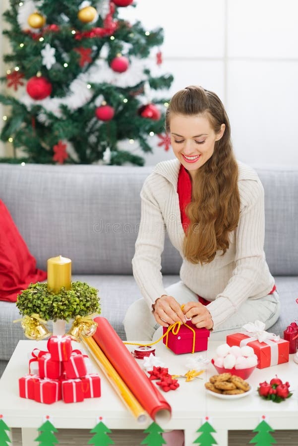 Happy Young Woman Preparing Christmas Gift Stock Image - Image of ...
