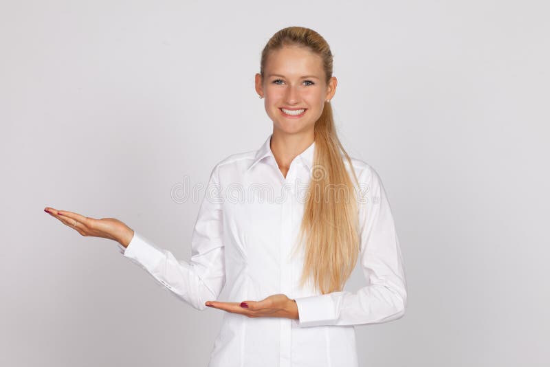 Happy Young Woman Presenting - Gesture Stock Photo - Image of people ...