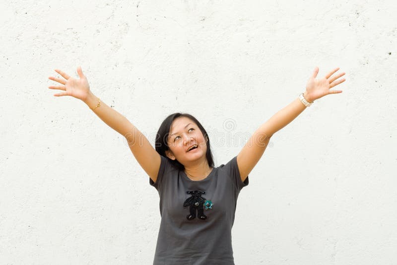 Happy Young Woman Raise and Spread Arms Stock Image - Image of gesture ...
