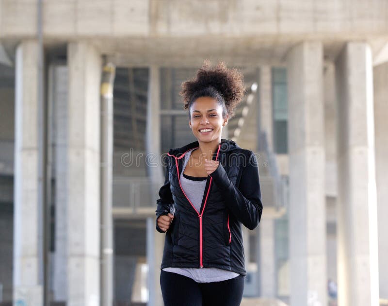 Happy Young Woman Running Exercise Stock Photo - Image of action, gray ...