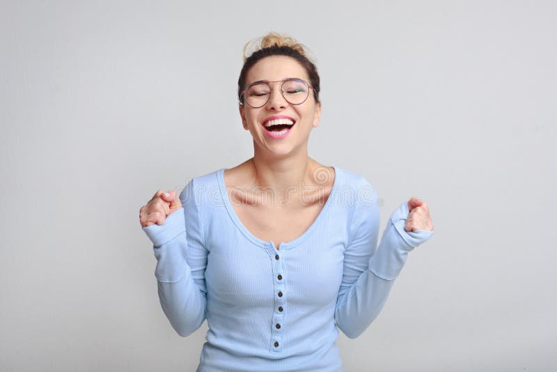 Happy Young Woman Shouting Over Grey Background Stock Photo - Image of ...